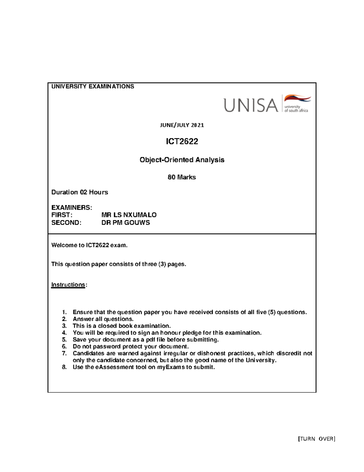 ICT2622 June/July 2021 Object-Oriented Analysis Exam Paper - Studocu