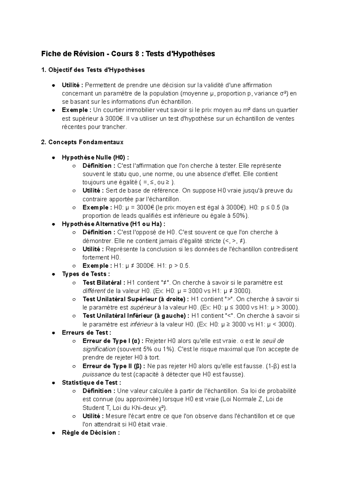 Fiche de Révision - Cours 8 Tests d'Hypothèses - Fiche de Révision ...