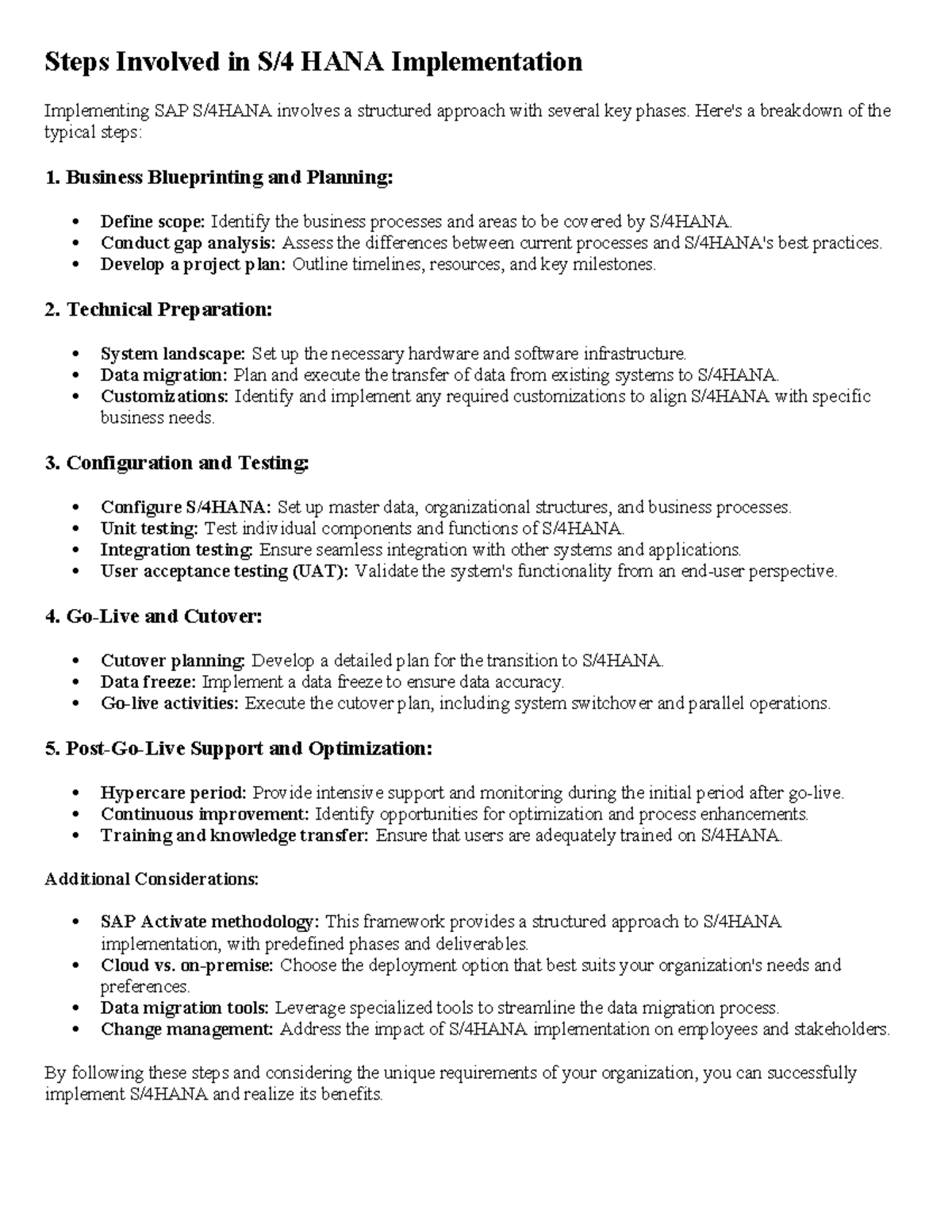 Steps Involved in S4 HANA - Here's a breakdown of the typical steps: 1 ...
