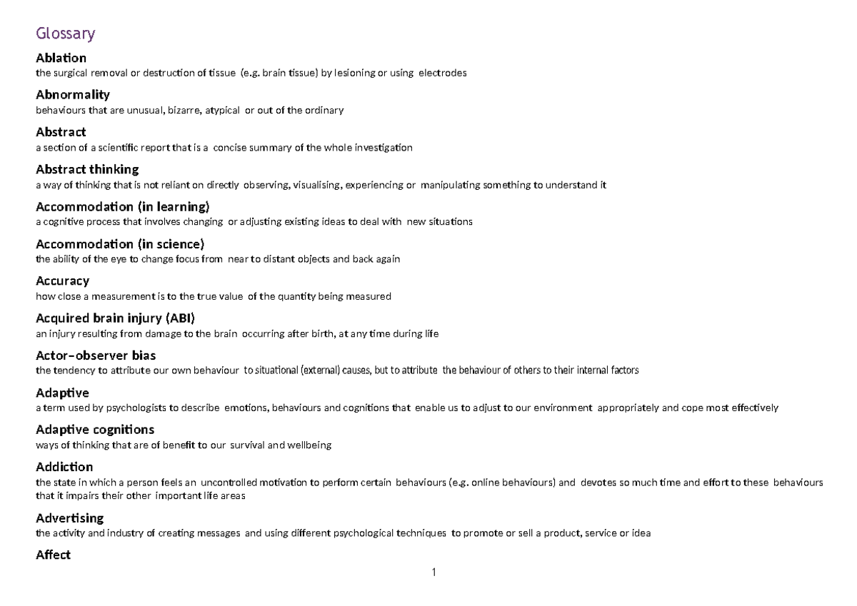 Glossary for Unit 1 & 2: Key Terms in Psychology - Studocu