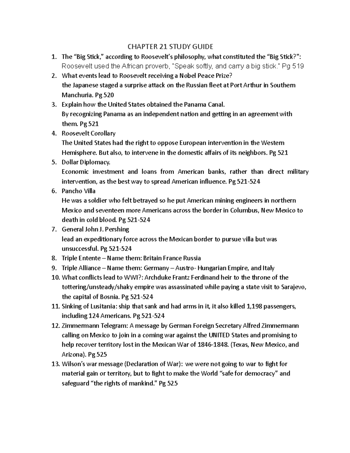 Chapter 21 Study Guide - CHAPTER 21 STUDY GUIDE The “Big Stick,” according to Roosevelt’s - Studocu