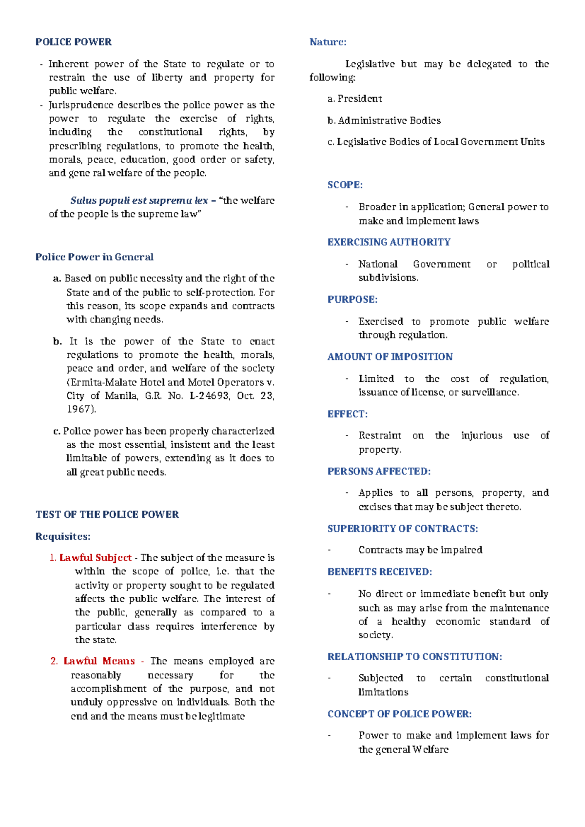 POL 101: Police Power - Comprehensive Study Notes on Regulations - Studocu