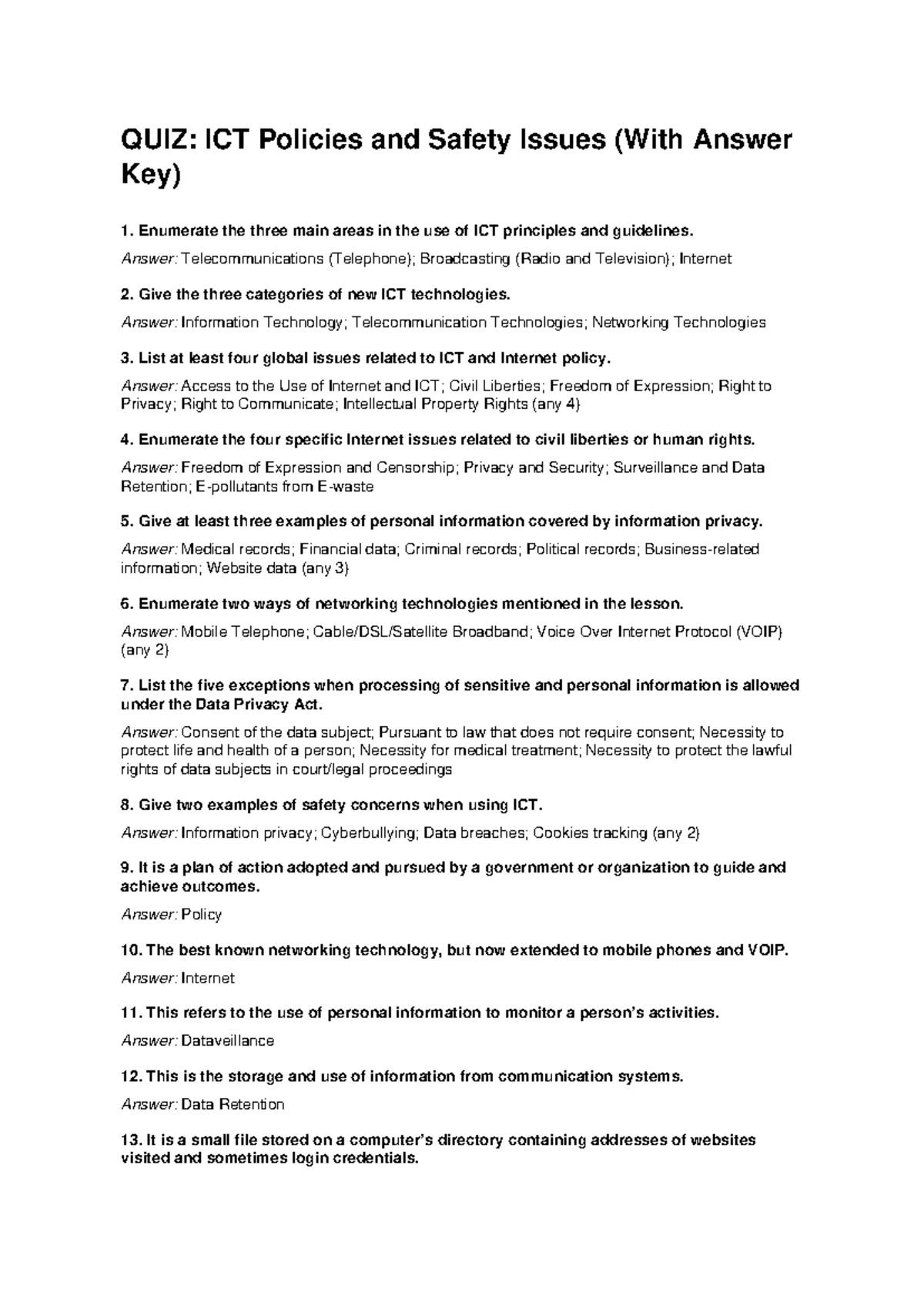 QUIZ: ICT Policies and Safety Issues (With Answers) - Studocu