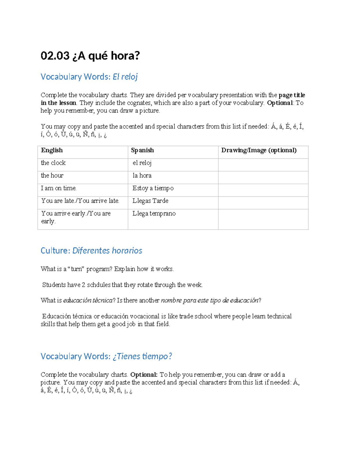 02 03 Virtual Spanish Lesson Notes: Telling Time & Vocabulary - Studocu