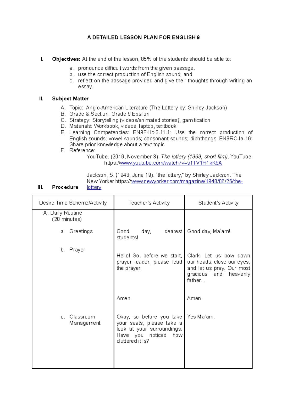 Lesson PLAN DAY1- Grade 9 - A DETAILED LESSON PLAN FOR ENGLISH 9 I ...