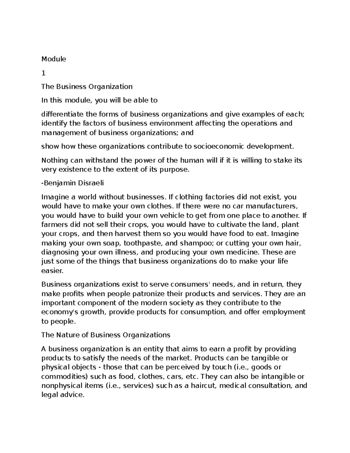 Business ethics module 1-5 - Module 1 The Business Organization In this ...