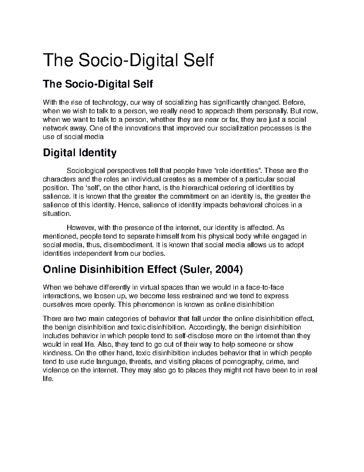 The Socio Digital Self - Lecture notes 10 - The Soci o-Digital Sel f ...