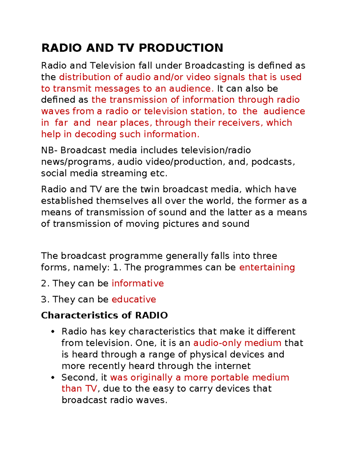 RADIO & TV PROD 101: Key Notes for Broadcasting Systems - Studocu