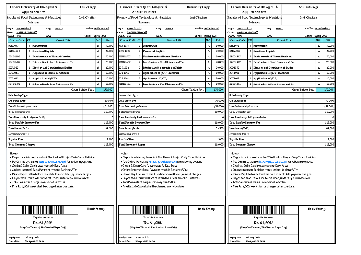 Student Fee Challan for BHND Program - Spring 2025 - Studocu