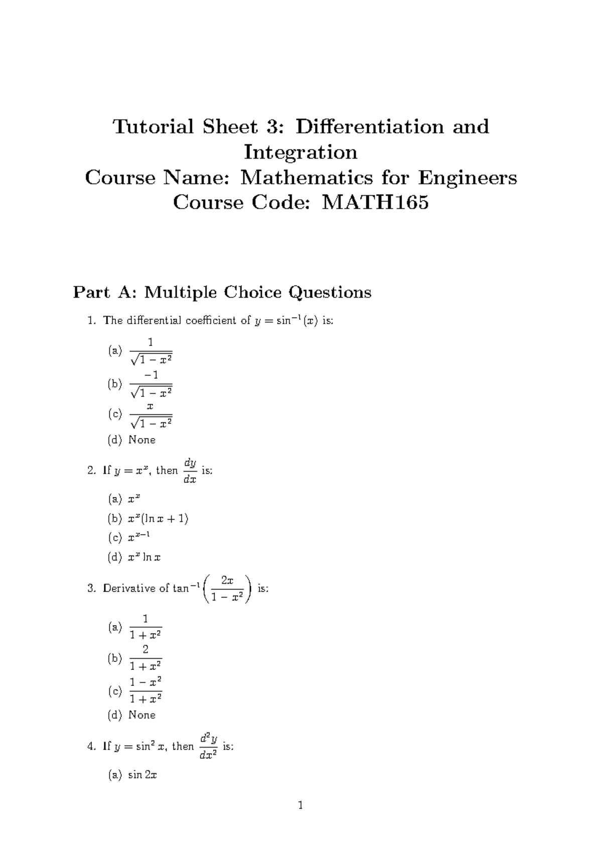 MATH165 Tutorial Sheet 3: Differentiation & Integration Concepts - Studocu