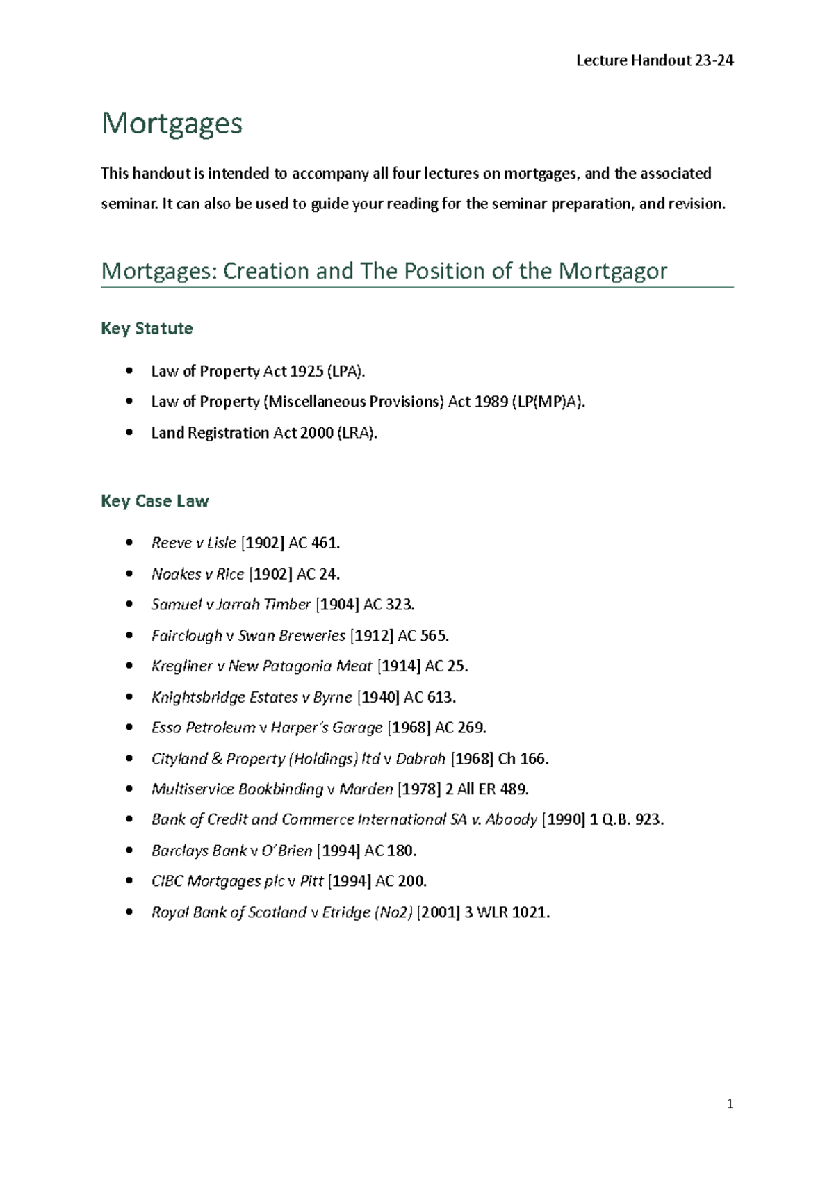 Mortgages Lecture Handout 2324: Key Concepts & Legal Principles - Studocu