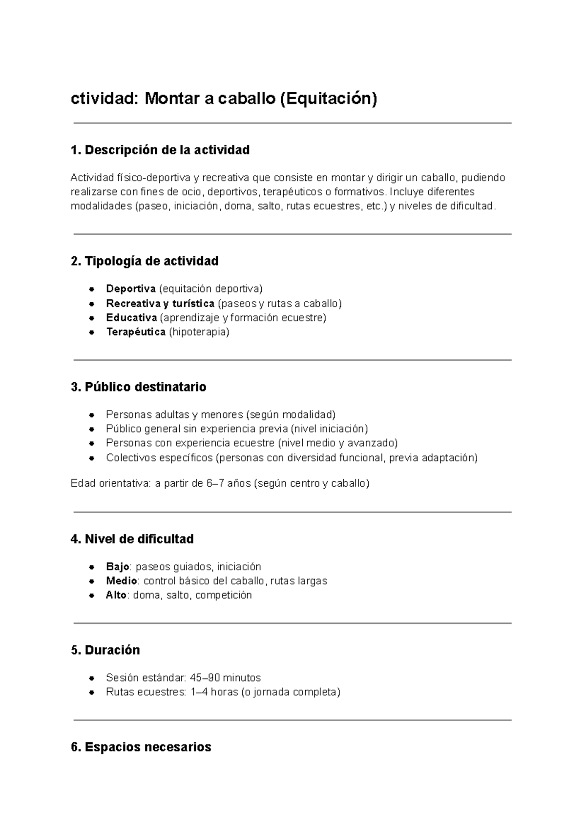 Ficha Técnica: Actividad de Montar a Caballo (Equitación) - Studocu