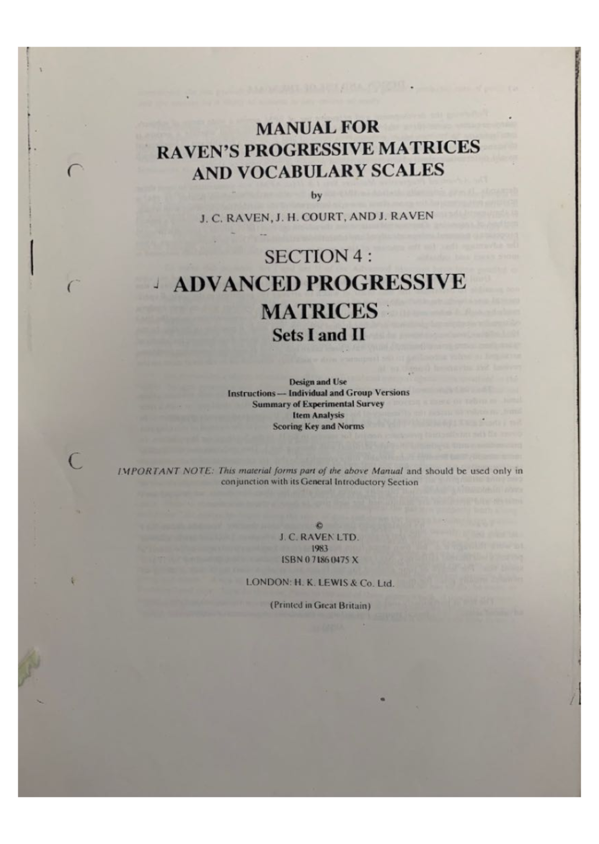 Manual for APM - Advanced Progressive Matrices Instructions - Studocu
