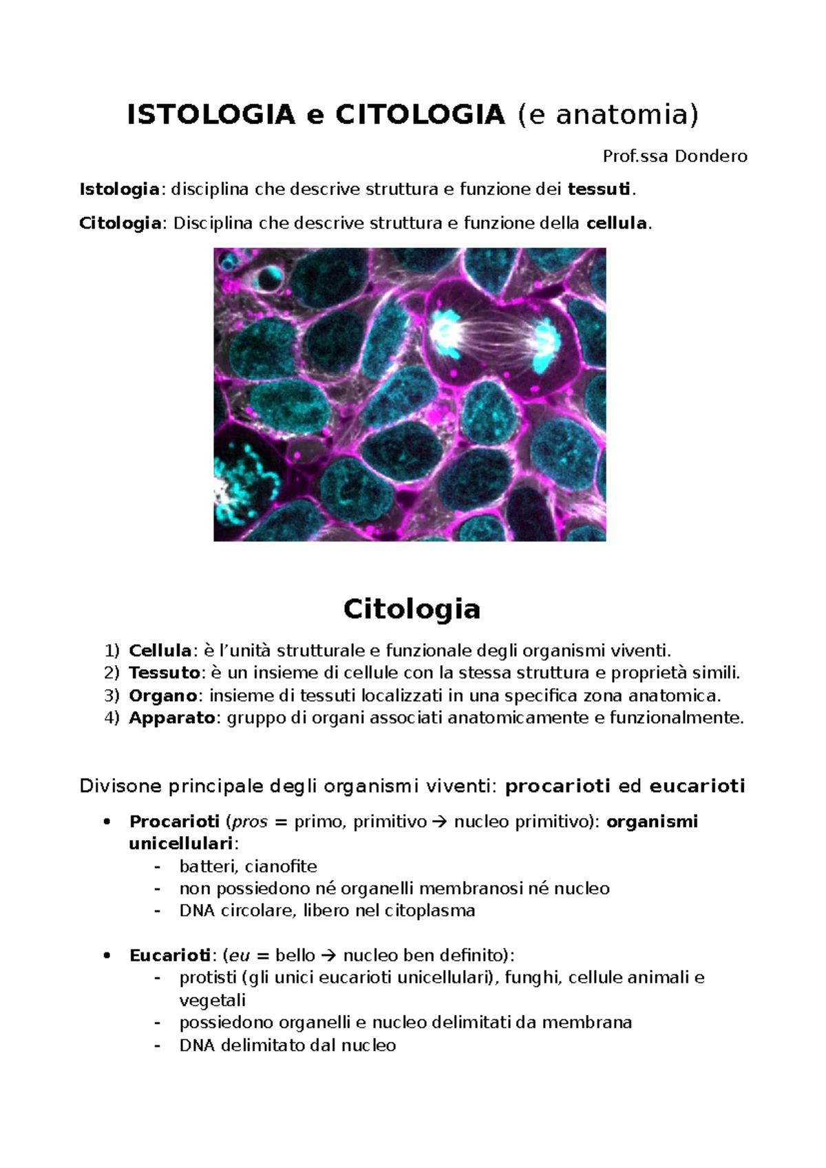 ISTOLOGIA e CITOLOGIA: Struttura e Funzione dei Tessuti e Cellule - Studocu