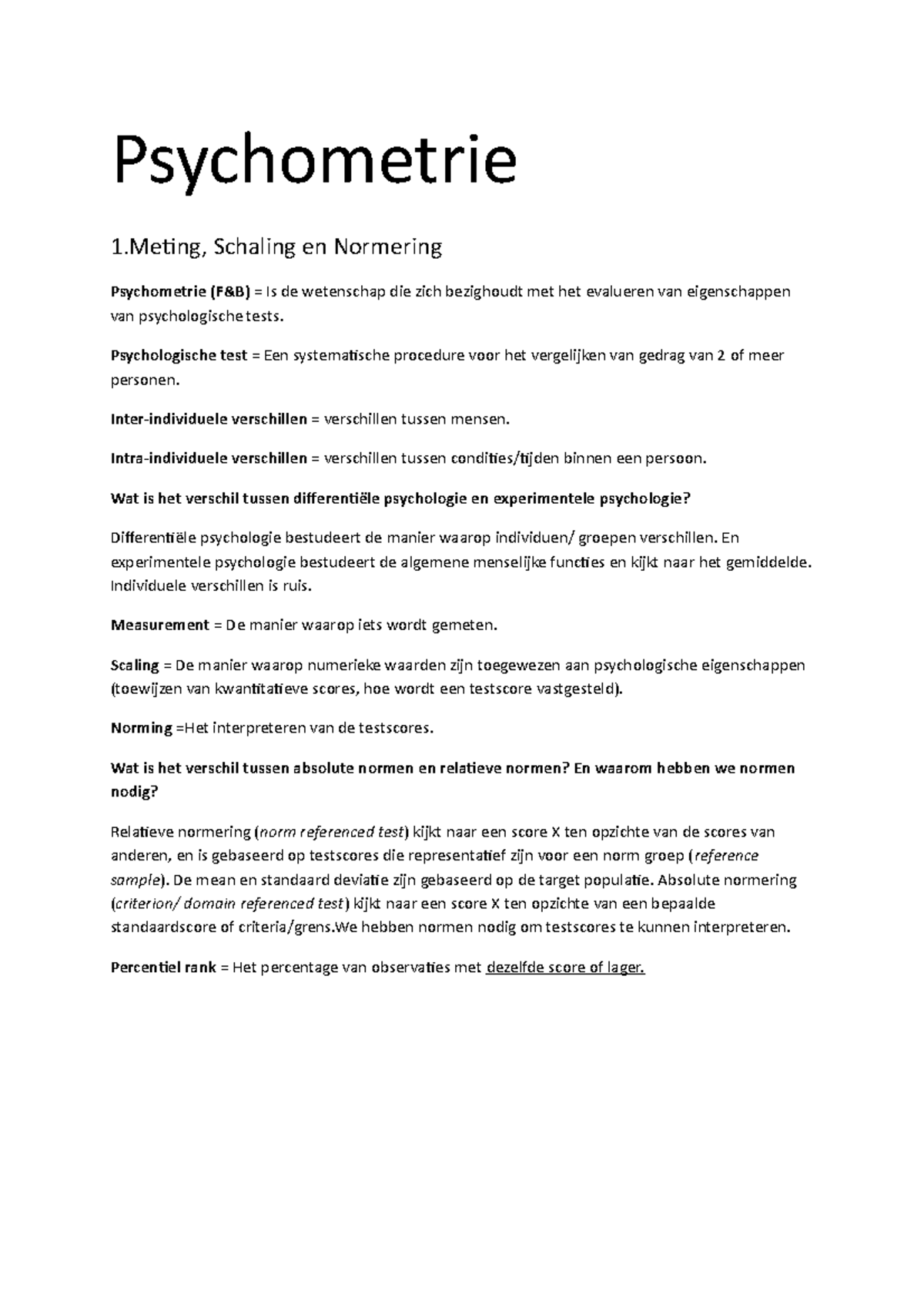 Psychometrie begrippen - Psychometrie 1, Schaling en Normering ...