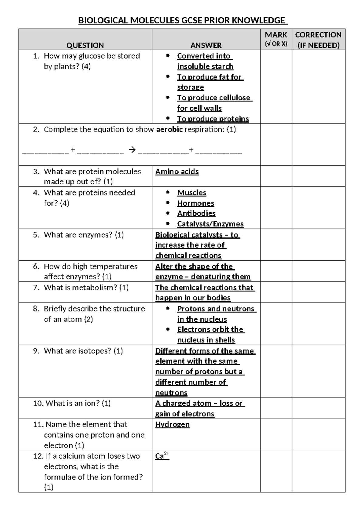 Biological Molecules GCSE Prior Knowledge Mark Scheme - Studocu