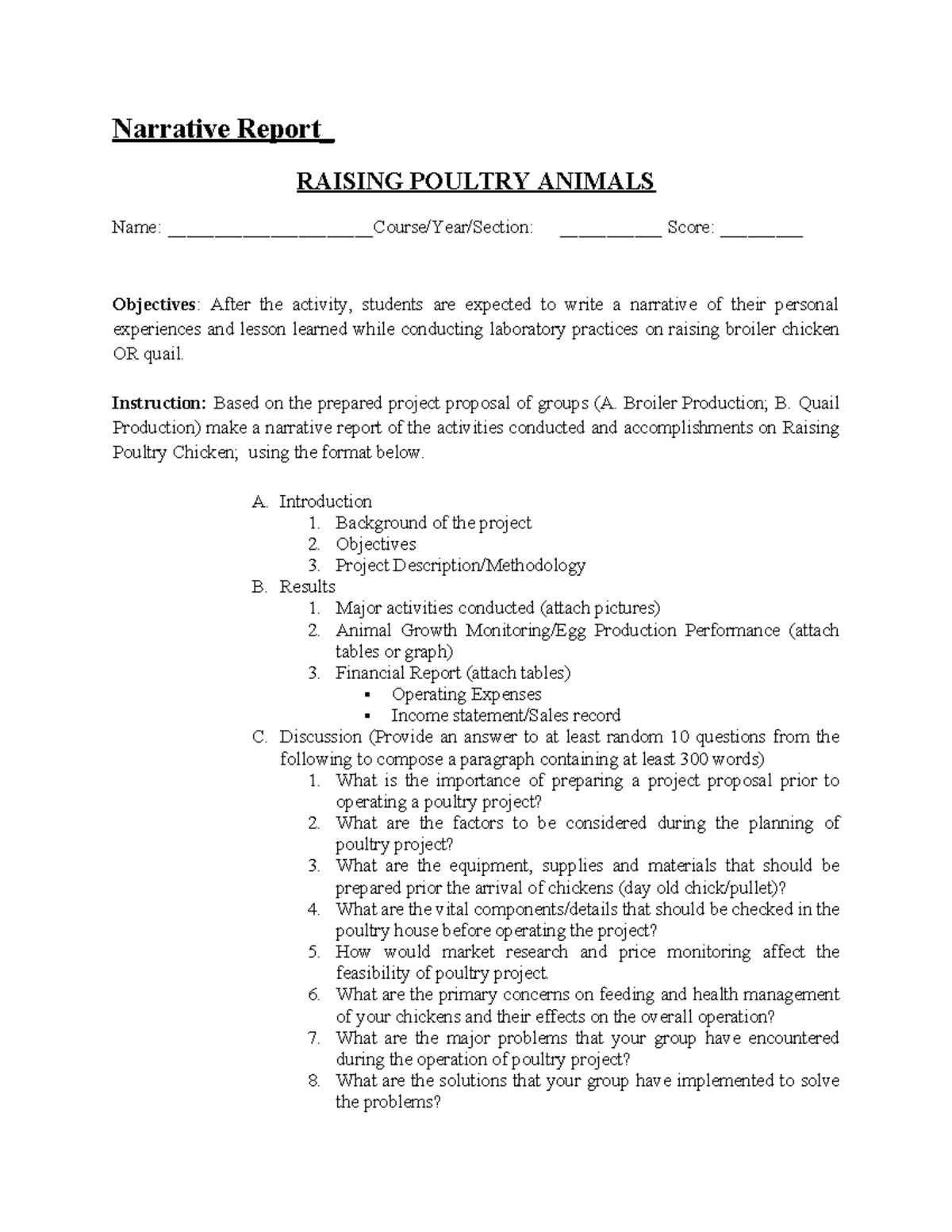 Narrative Report Format and Rubrics - Narrative Report_ RAISING POULTRY ...