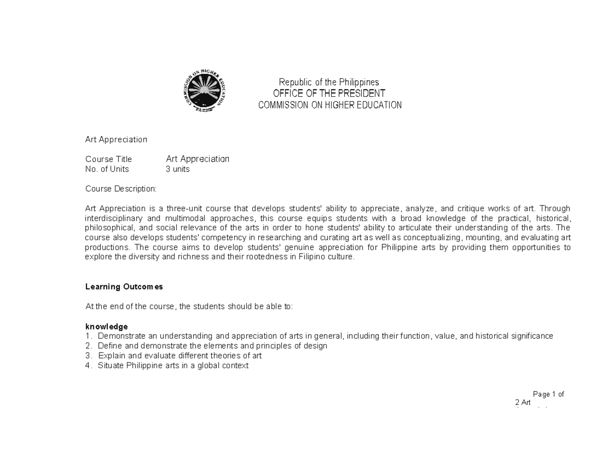 Art Appreciation CHED Syllabus 2018: Course Outline & Learning Goals ...