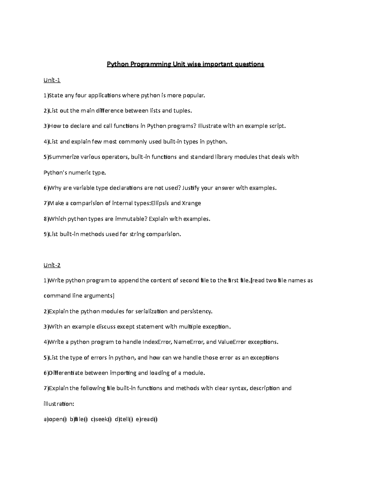 Python Prog Unit-Wise Important Questions for Midterm Exam - Studocu