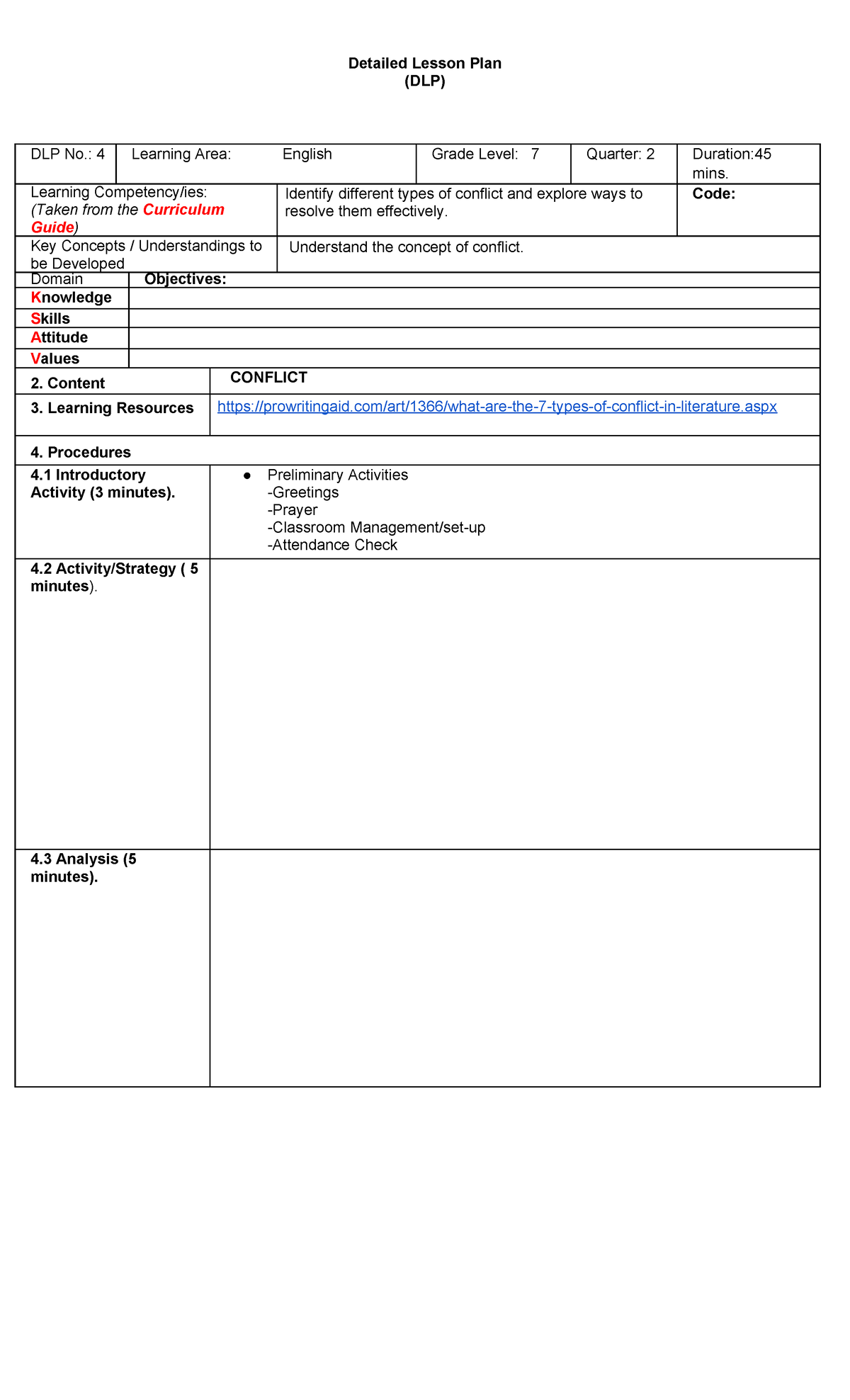 Detailed Lesson Plan (DLP) No. 4: Understanding Conflict in English 7 ...
