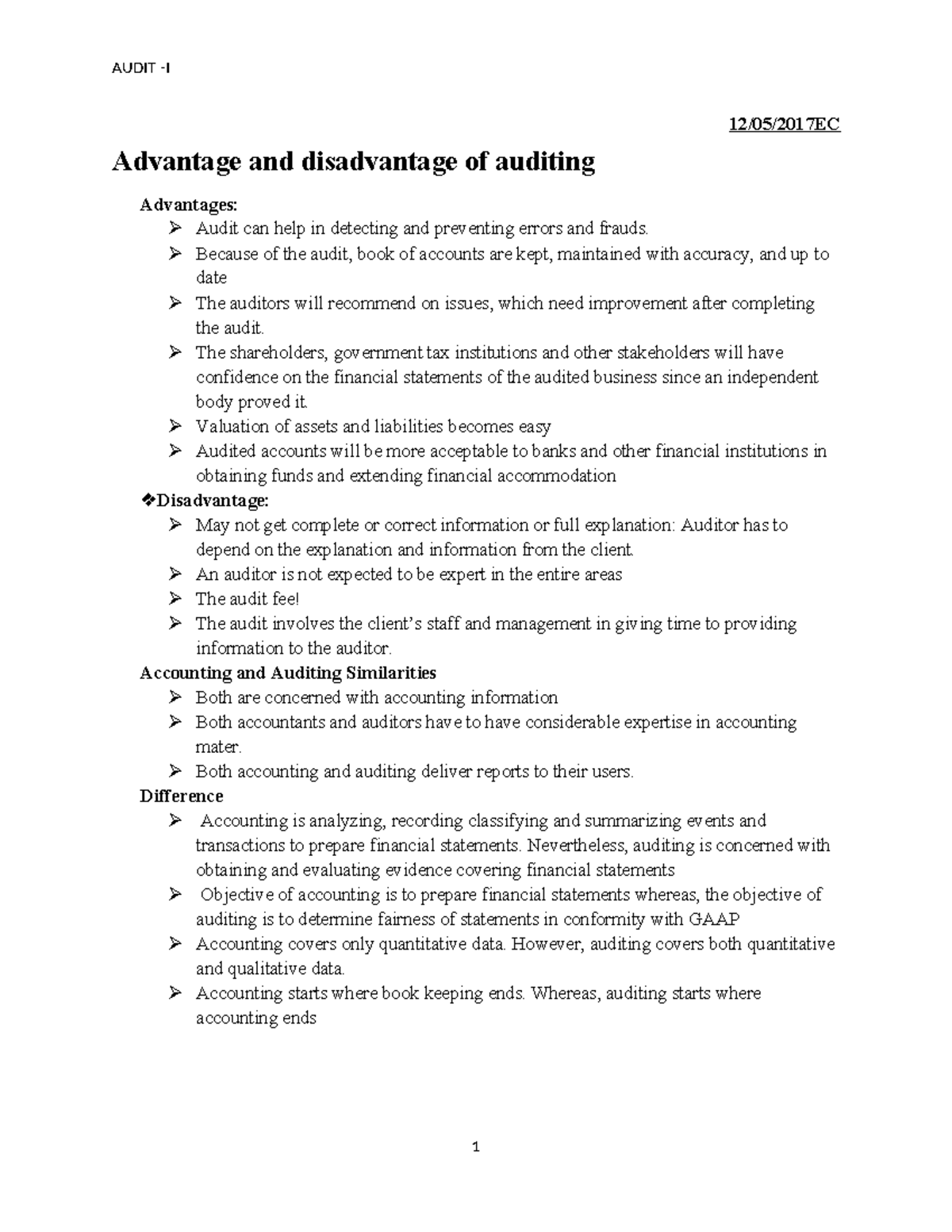 Audit - 1 notes: Advantages and disadvantages of auditing - Studocu