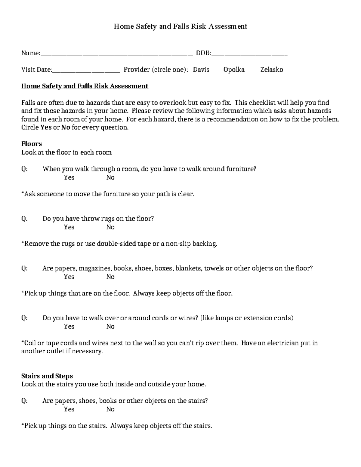 Home Safety and Falls Risk Assessment 2020: Checklist Guide - Studocu