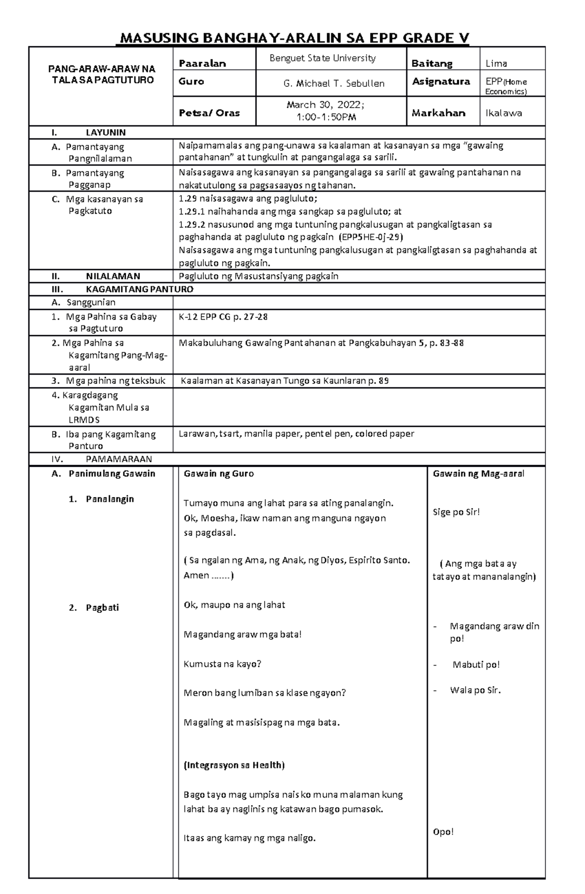 Lesson Plan for EPP 5: Masustansyang Pagluluto at Kalusugan - Studocu