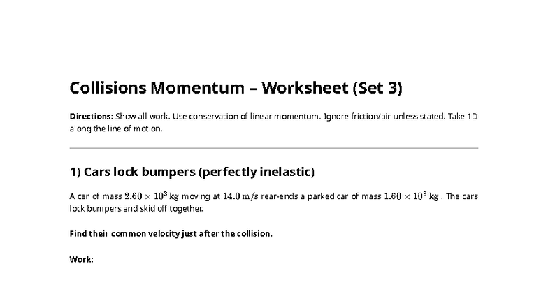Collisions Momentum Worksheet & Answer Key (Set 3) - Studocu