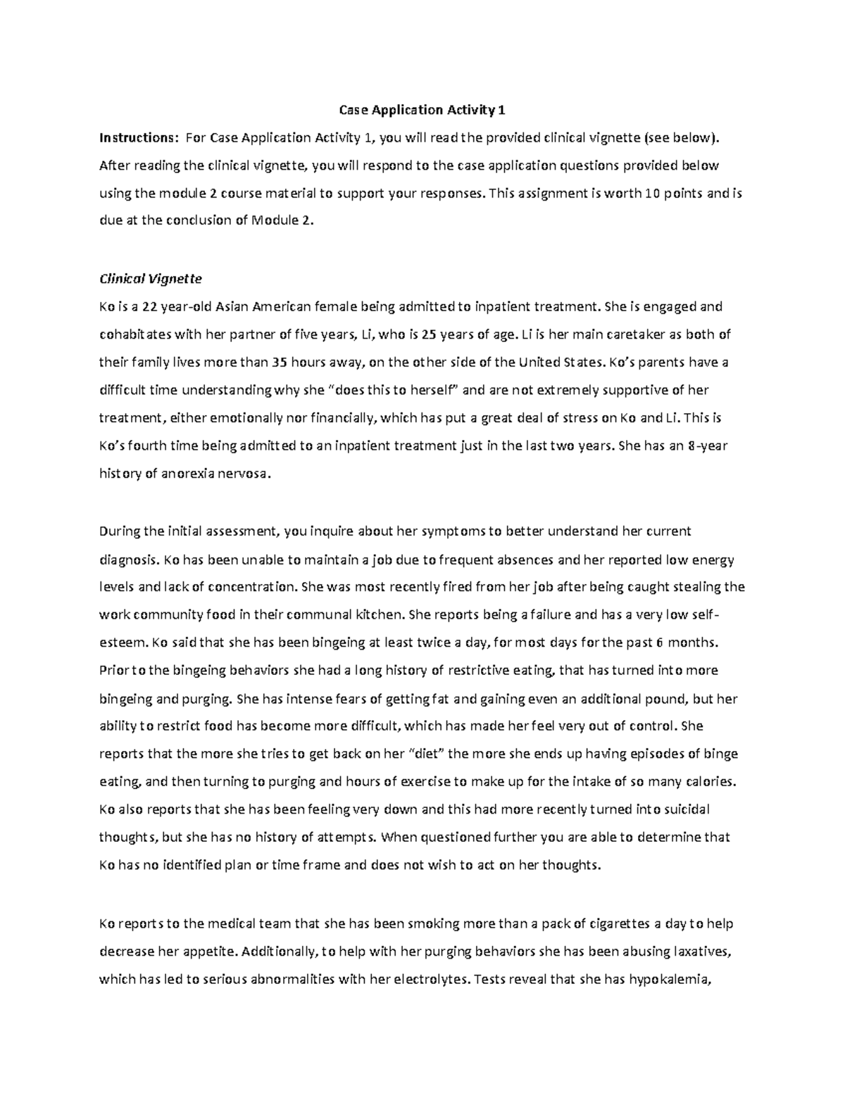 Case Application Activity 1: Clinical Vignette Analysis for Module 2 ...