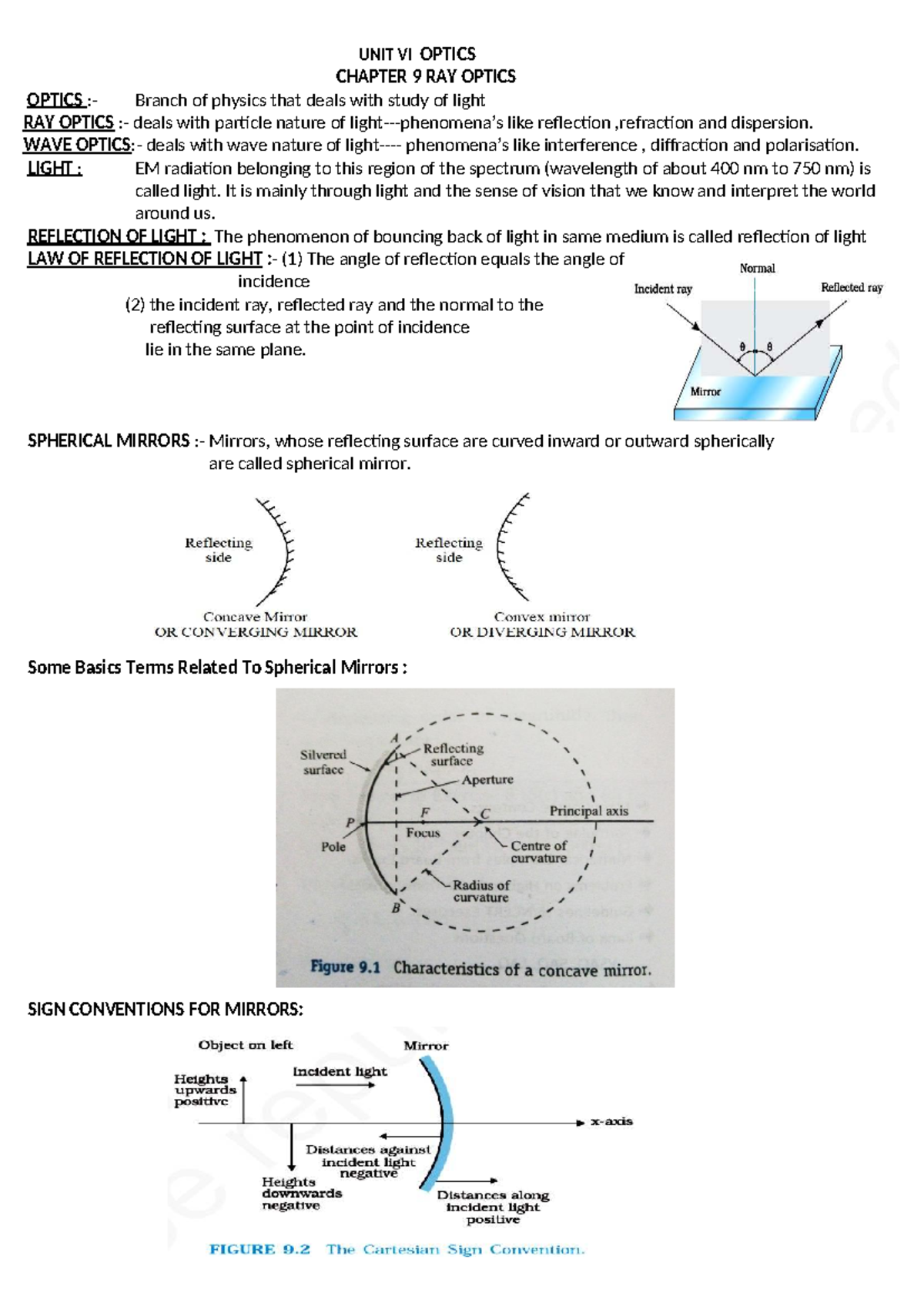 UNIT VI OPTICS CHAPTER 9 RAY OPTICS OVERVIEW AND KEY CONCEPTS - Studocu