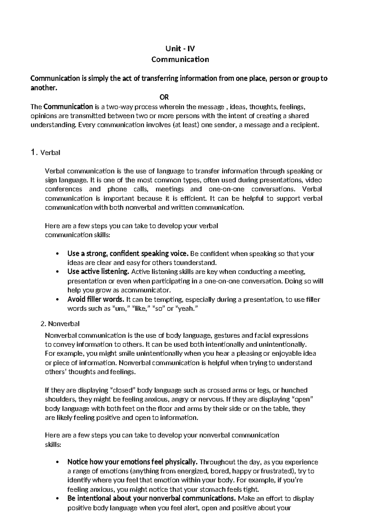 Communication Skills Unit IV: Understanding Verbal & Nonverbal ...
