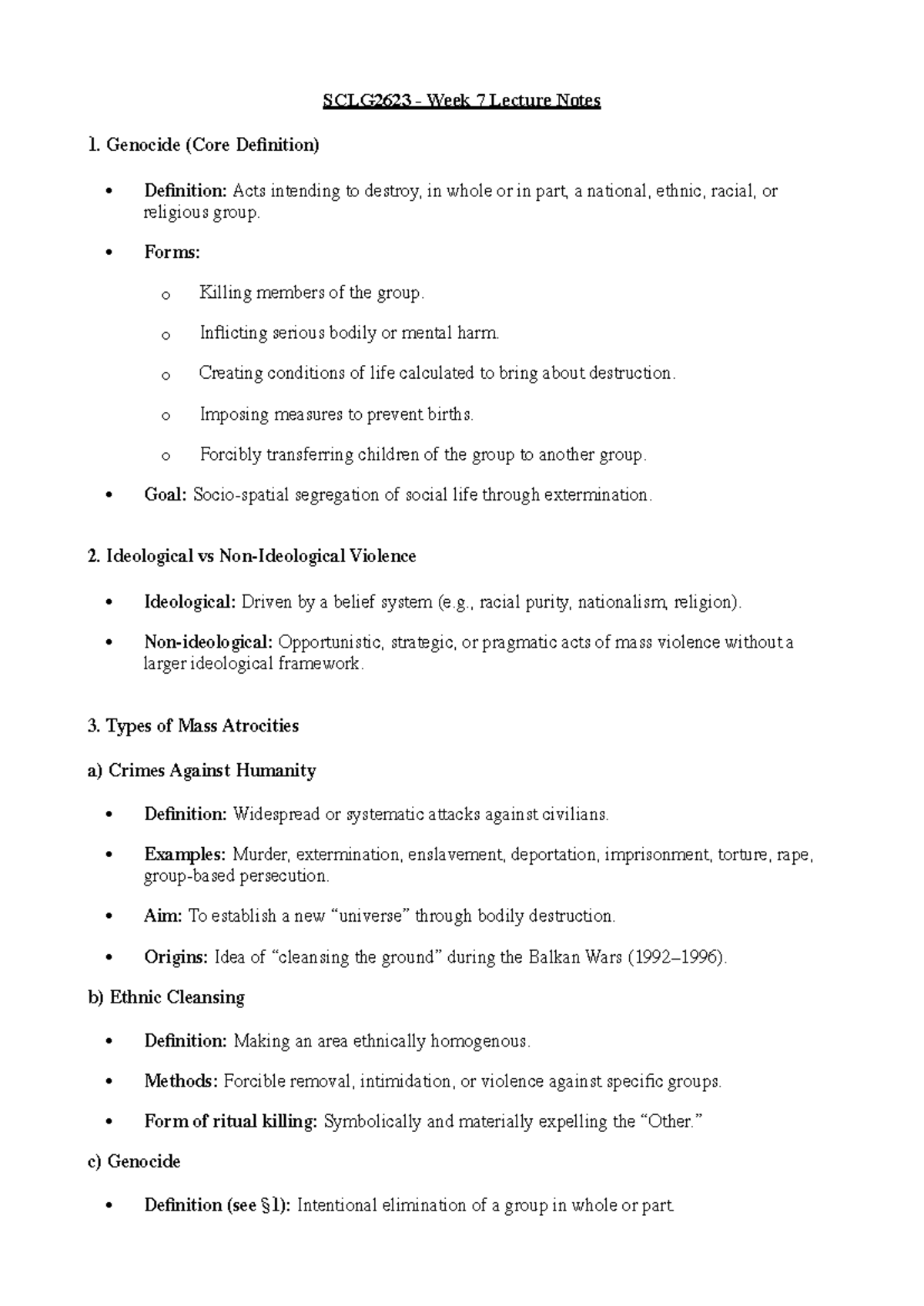 SCLG2623 Week 7 Lecture Notes: Understanding Genocide and Mass ...