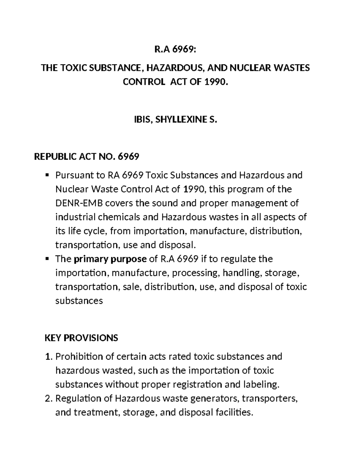 R.A 6969: Overview of the Toxic Substances Control Act of 1990 - Studocu