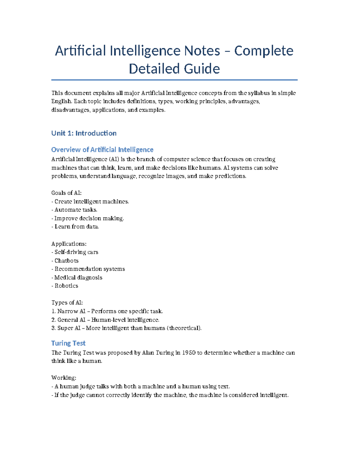 AI 101: Complete Detailed Notes on Artificial Intelligence Concepts ...
