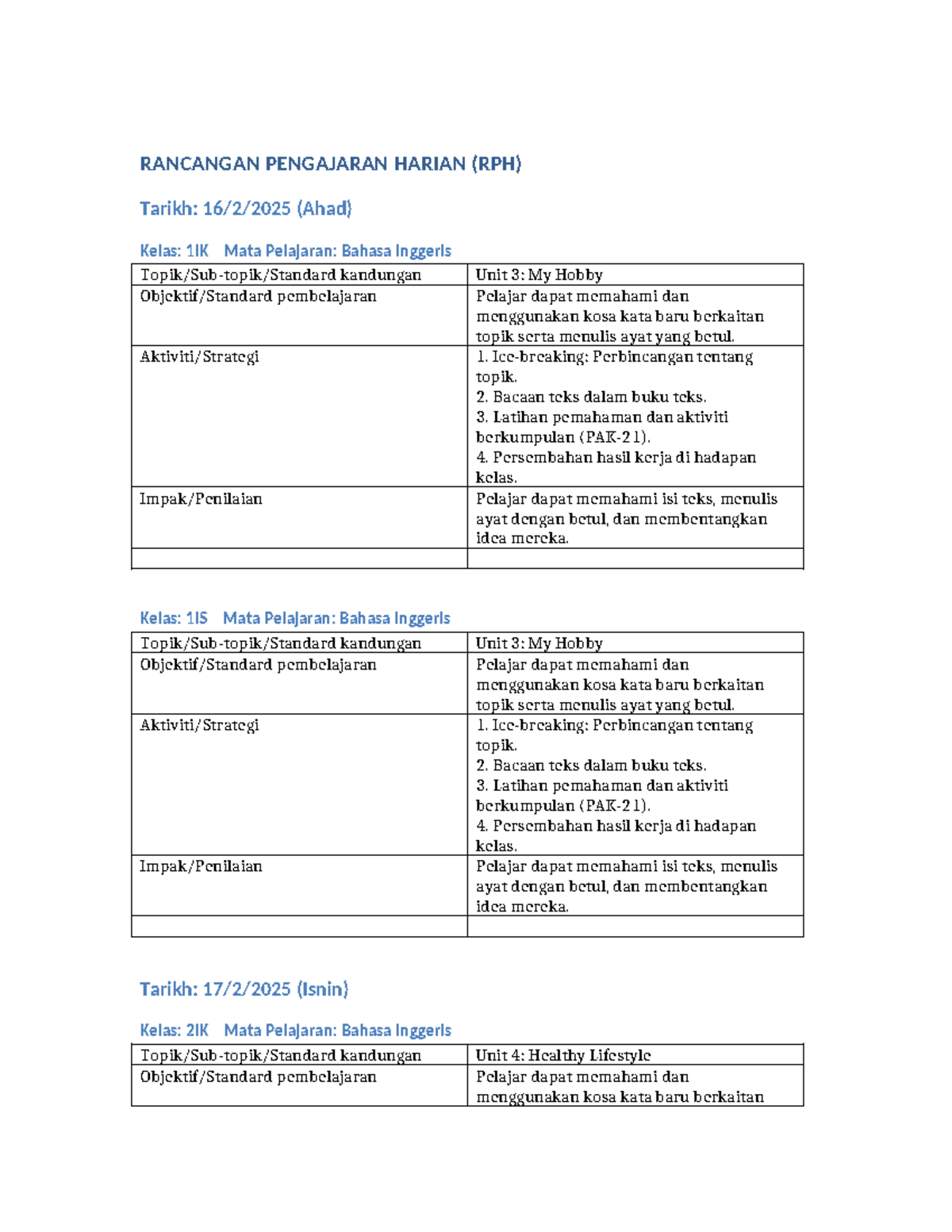 RPH Bahasa Inggeris: Unit 3 - 6 Perancangan Pembelajaran 2025 - Studocu