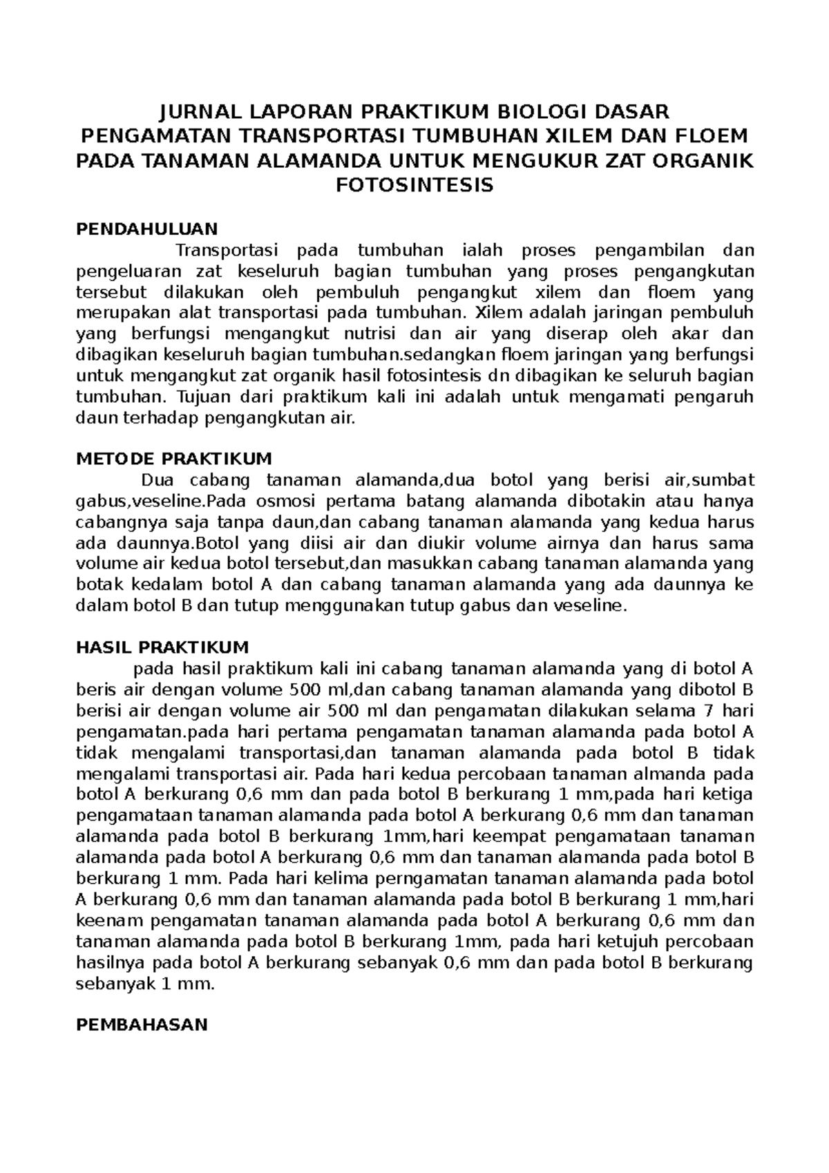 Jurnal Praktikum Biologi Dasar: Transportasi Xilem dan Floem pada ...