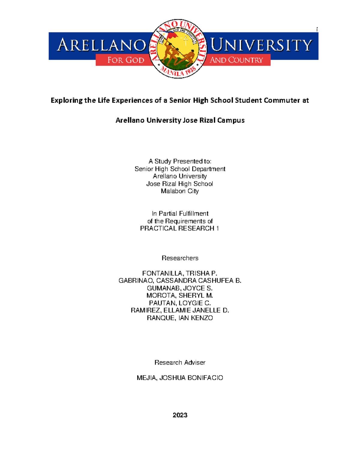 "Senior High School Student Commuters' Experiences at Arellano U (PR1 ...