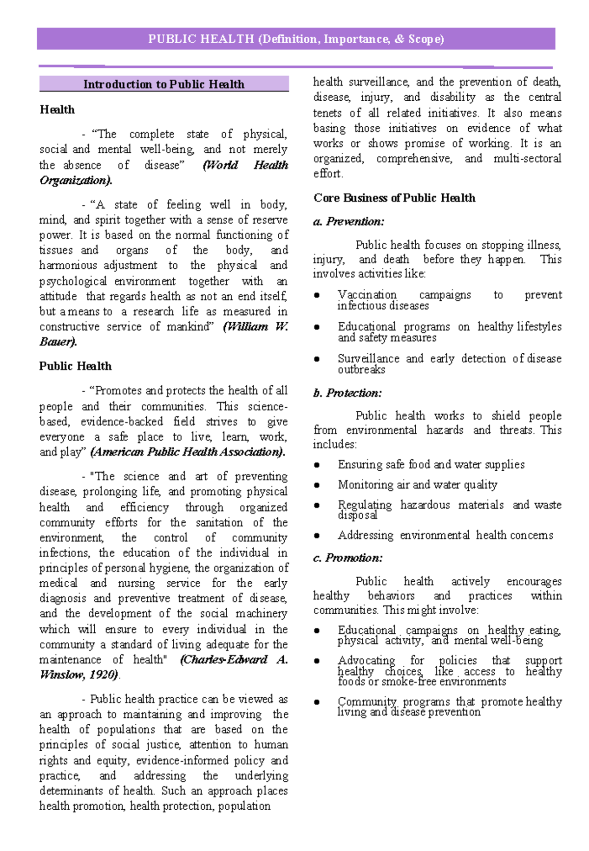 PUBLIC HEALTH (PH101) Overview: Definition, Importance, and Scope - Studocu
