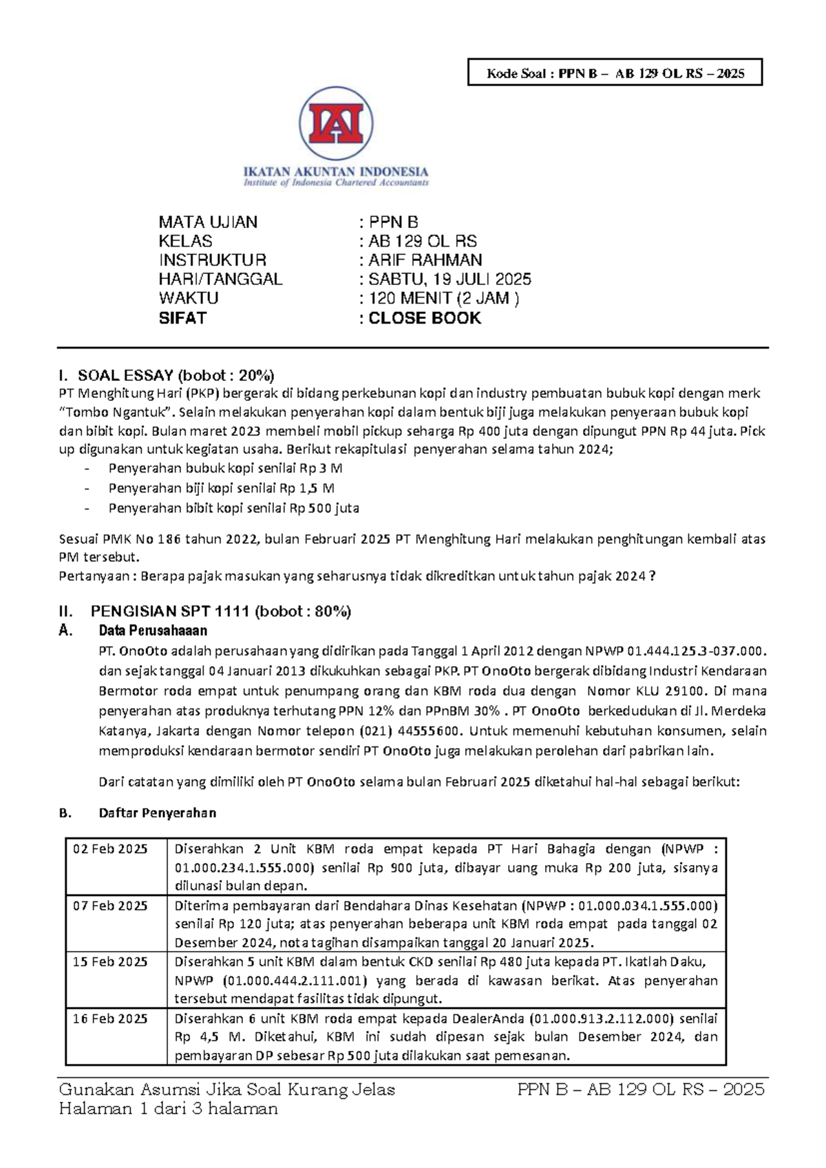 PPN B AB 129 OL RS - UJIAN KELAS JULI 2025: SOAL ESSAY & PENGISIAN SPT ...