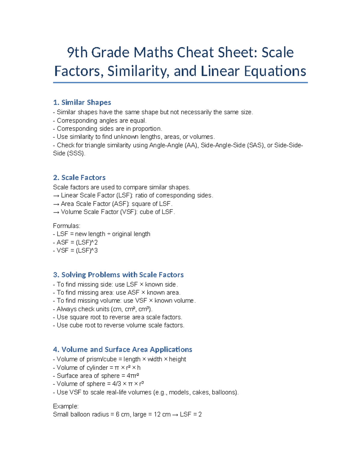 9th Grade Maths Cheat Sheet: Scale Factors & Similarity Concepts - Studocu