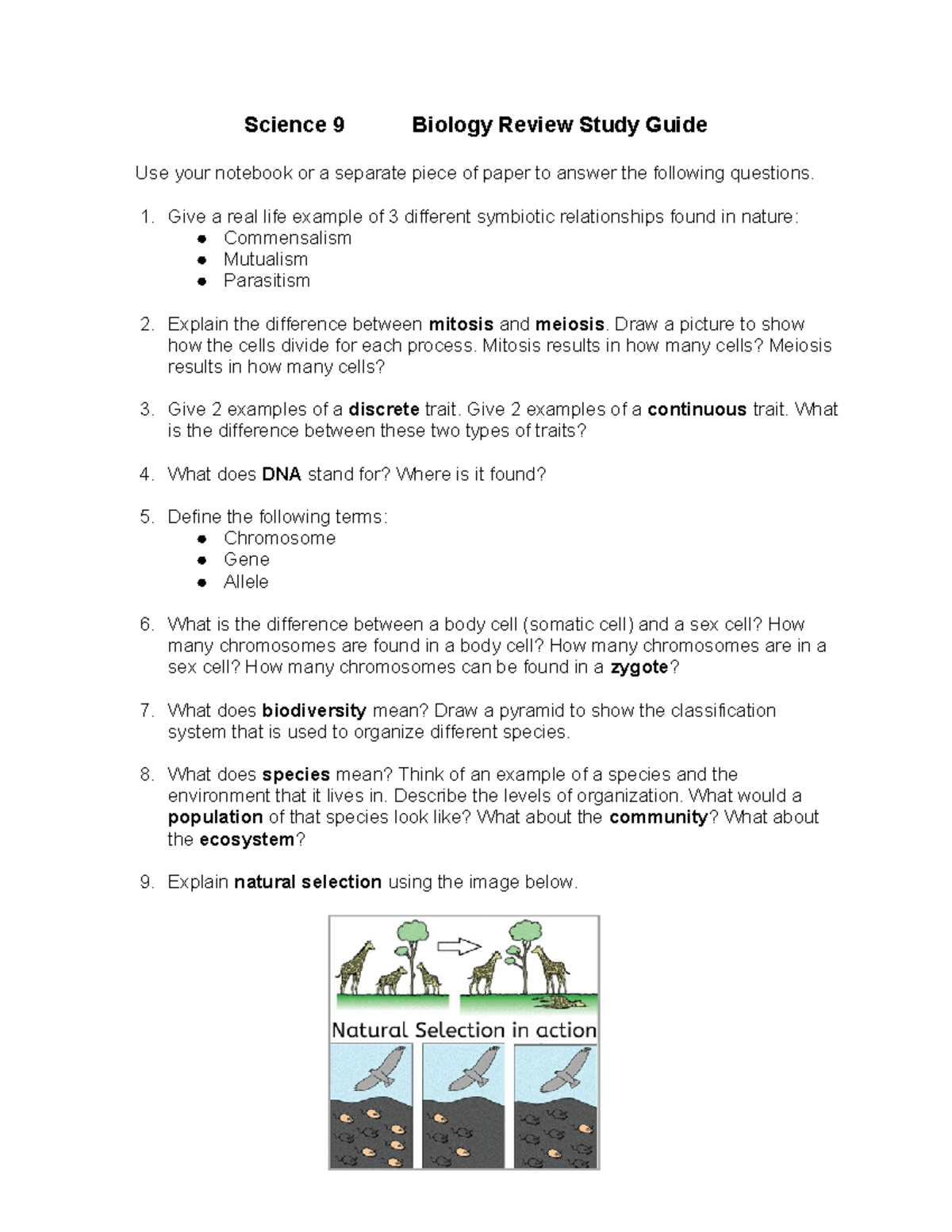 Biology Study Guide - Science 9 Biology Review Study Guide Use your ...