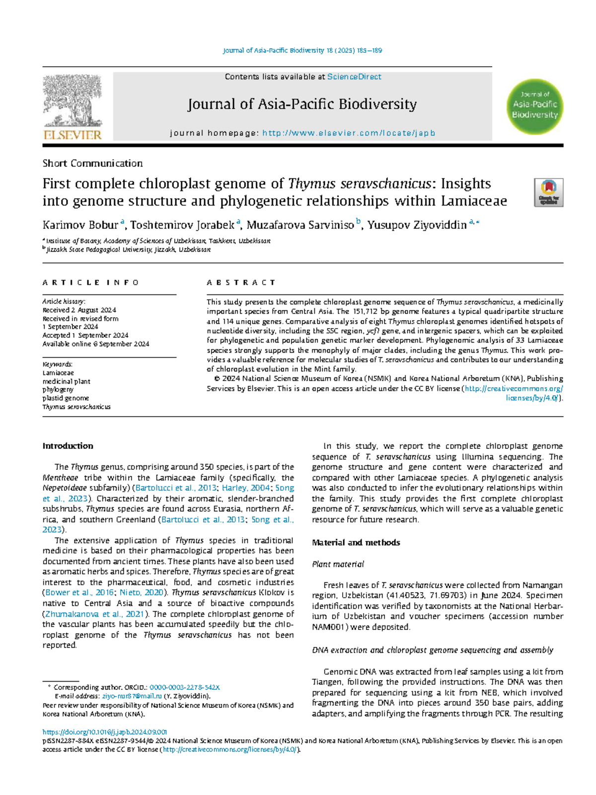 Complete Chloroplast Genome of Thymus seravschanicus: Insights into ...