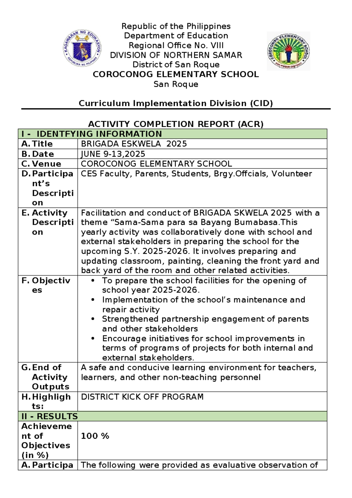 Brigada Eskwela 2025 Activity Completion Report (ACR) - Studocu