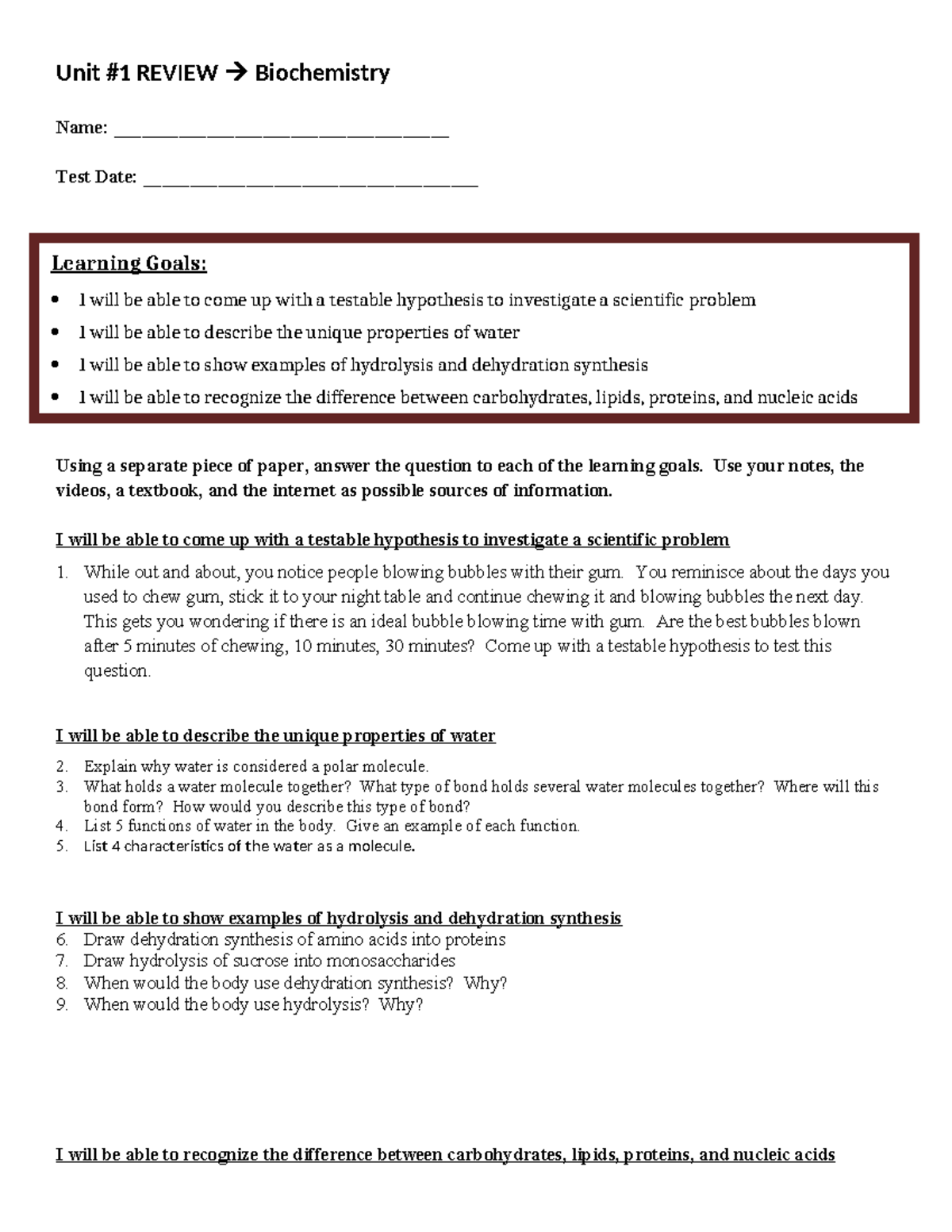 Biochemistry Unit Review: Testable Hypotheses & Water Properties - Studocu