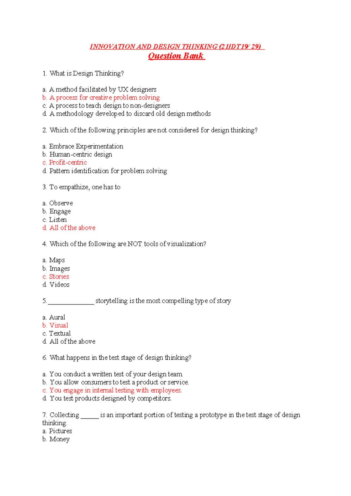 Question Bank for Innovation & Design Thinking (21IDT19/29) - Studocu