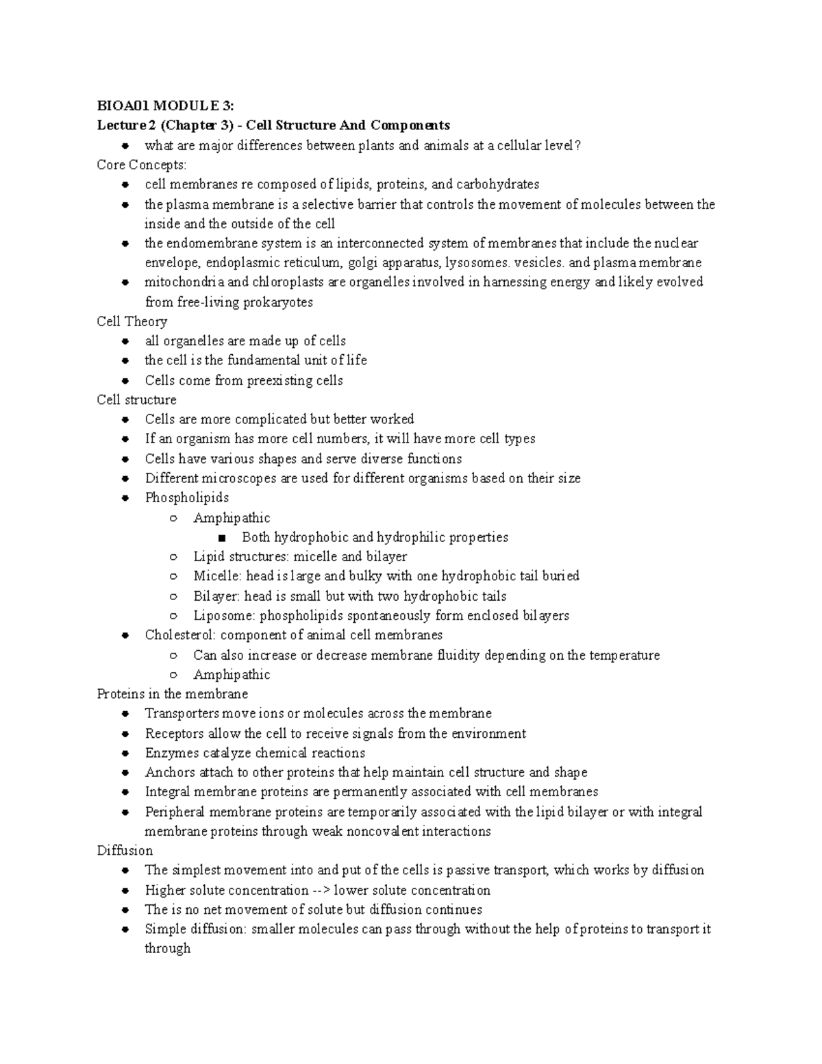 BIOA01 - Comprehensive Notes on Cells & Metabolism (Module 3) - Studocu