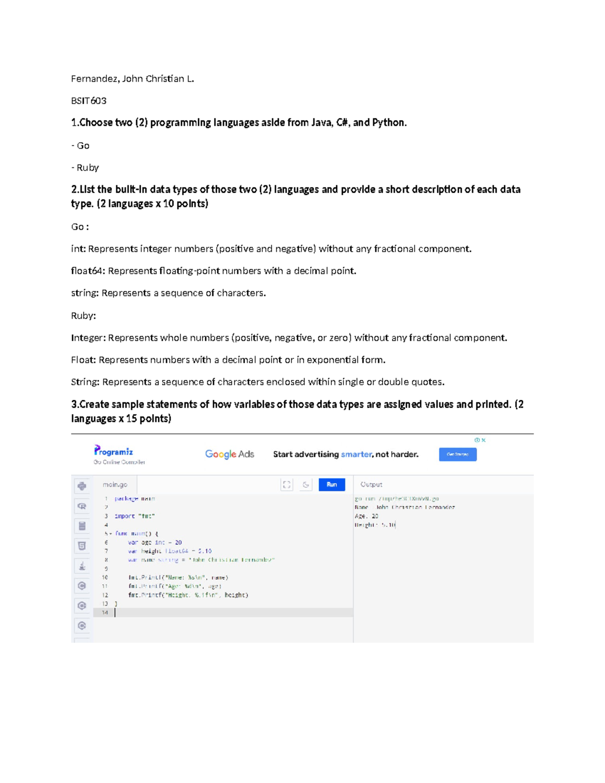 BSIT Hands-on Activity 1: Programming Languages - Go & Ruby Data Types - Studocu
