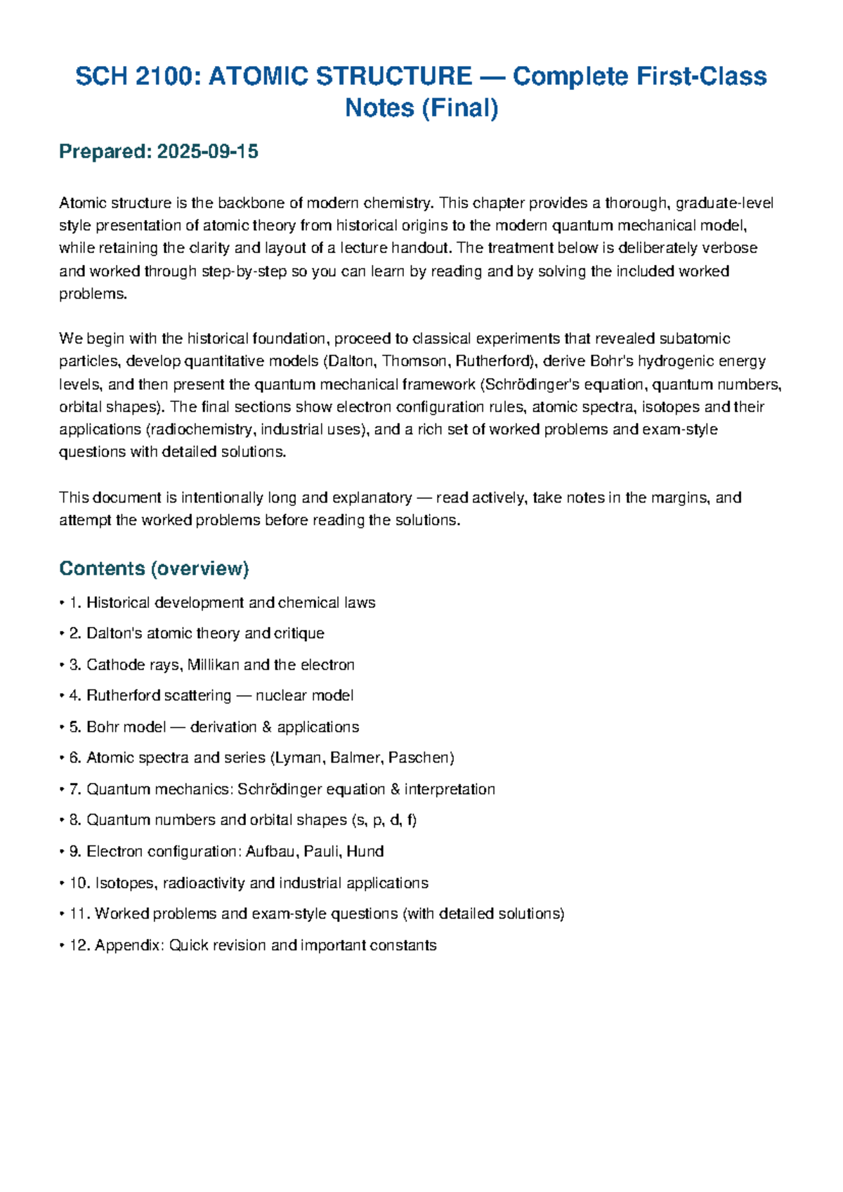 SCH 2100: Comprehensive Atomic Structure Notes (Final Exam) - Studocu
