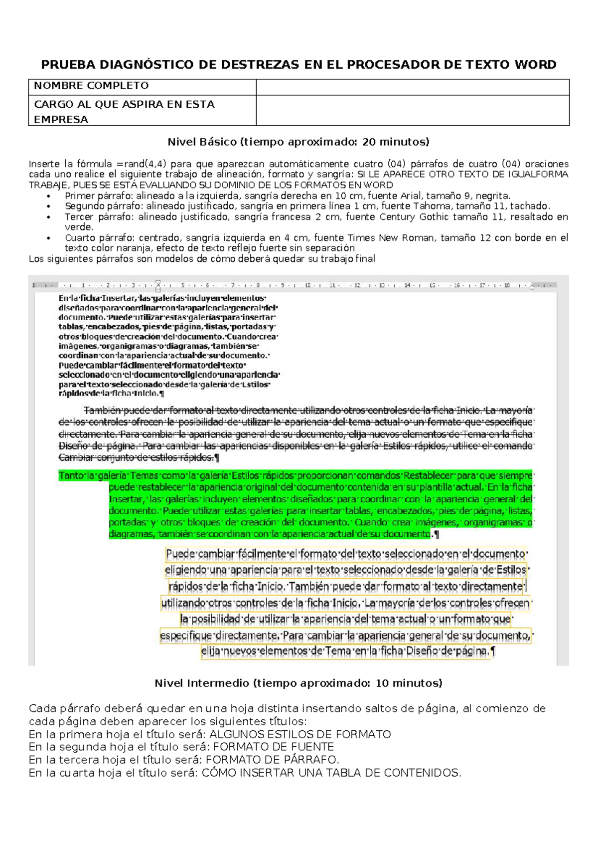 PRUEBA DIAGNÓSTICO DE DESTREZAS EN WORD - NIVEL BÁSICO E INTERMEDIO ...