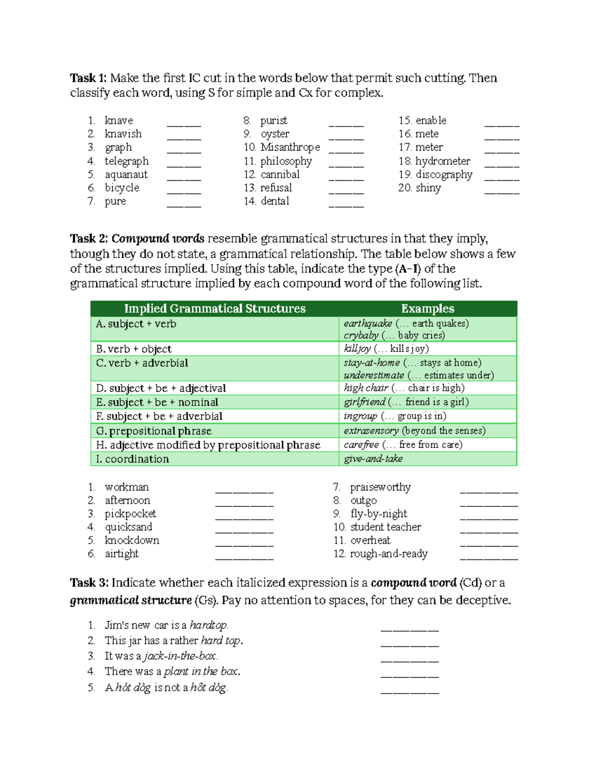 Morphology Exercise - 3: IC Cuts & Word Classification Tasks - Studocu